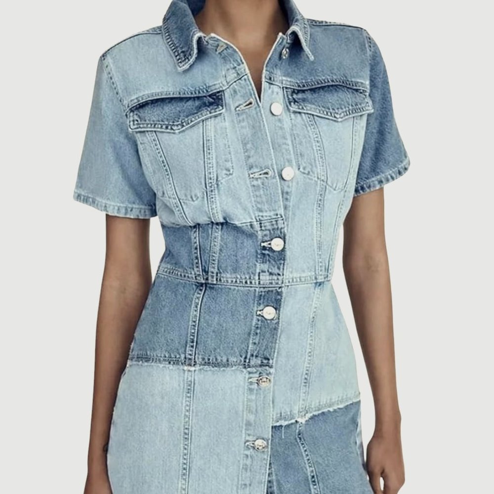 Zara Denim Patchwork Short Sleeve Mini Shirt Dress, M… - Gem